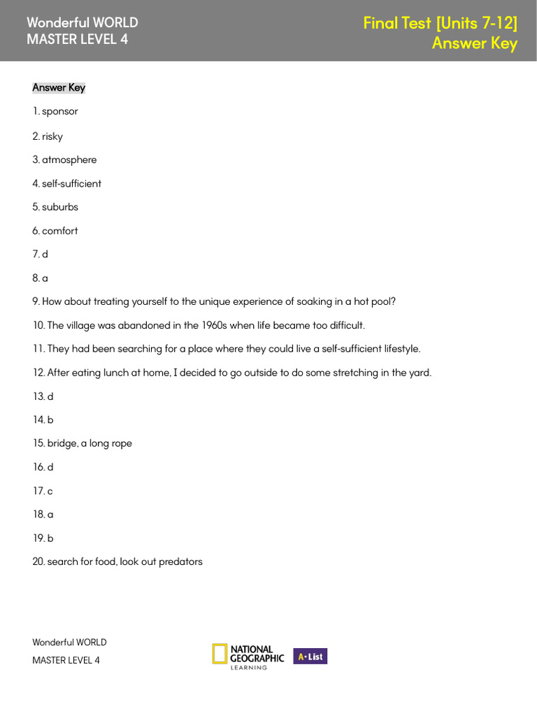 Wonderful World 4 Midterm Test Key | PDF
