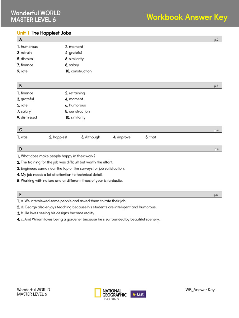 Wonderful World - Master - L6 - WB - Answer Key | PDF