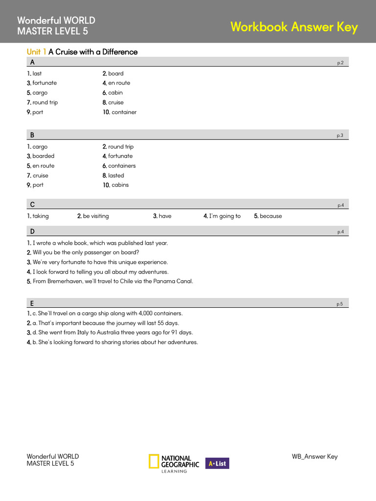 Wonderful World - Master - L5 - WB - Answer Key | PDF | Renewable Energy | Physical Fitness