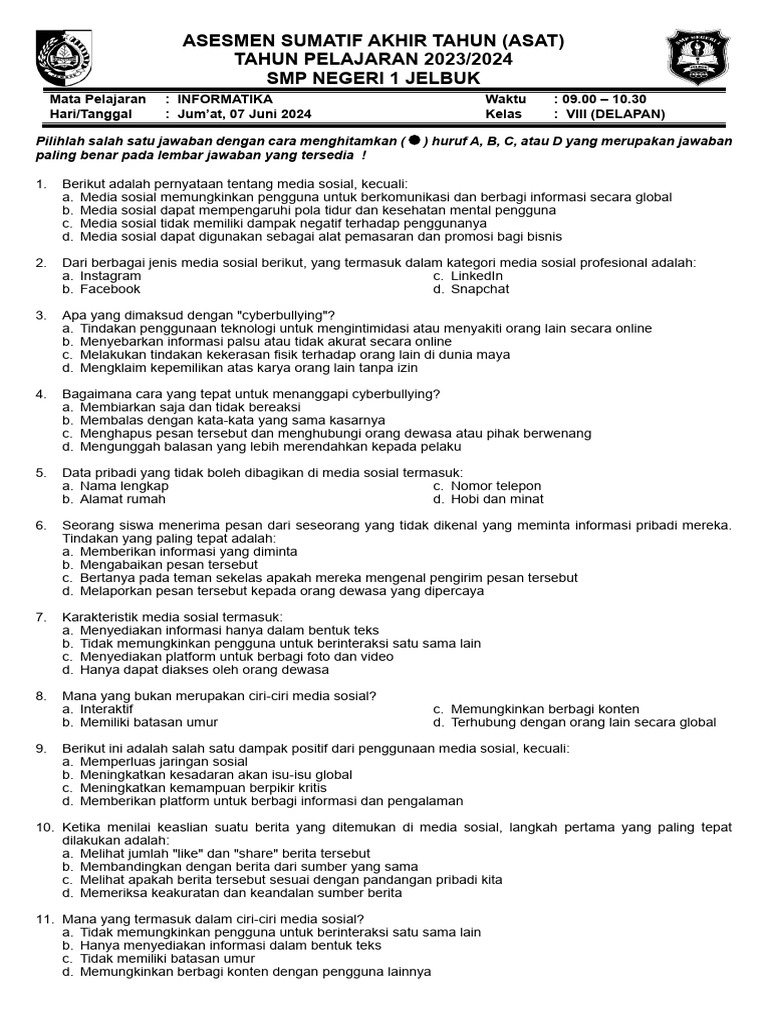 Soal Asat - Informatika Kelas Viii - 23-24 | PDF