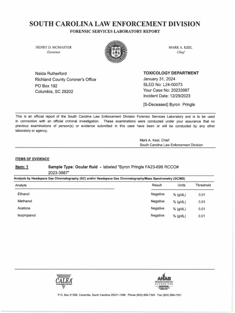 Toxicology Report SLED: Byron Pringle | PDF
