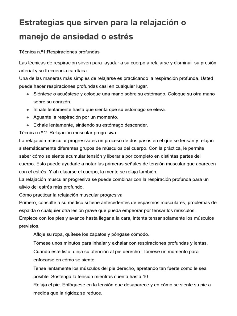 Estrategias Que Sirven para La Relajación o Manejo de Ansiedad o Estrés ...