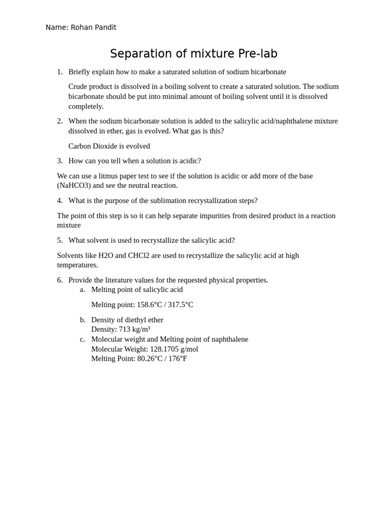 Separation of a Mixture Prelab - Rohan Pandit - Chem 255 Lab 06L | PDF