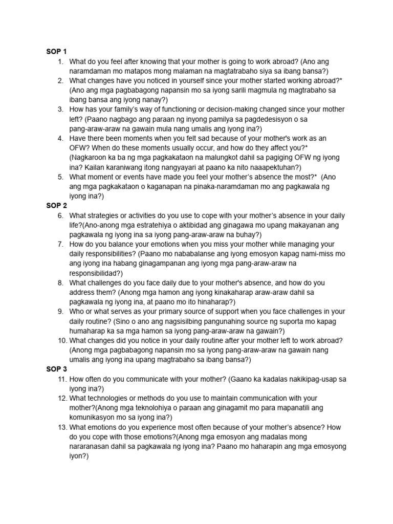 Interview Questions Final (Ofw Children) | PDF