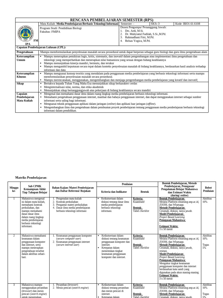 RPS Media Pembelajaran Berbasis Teknologi Informasi (30012022) | PDF