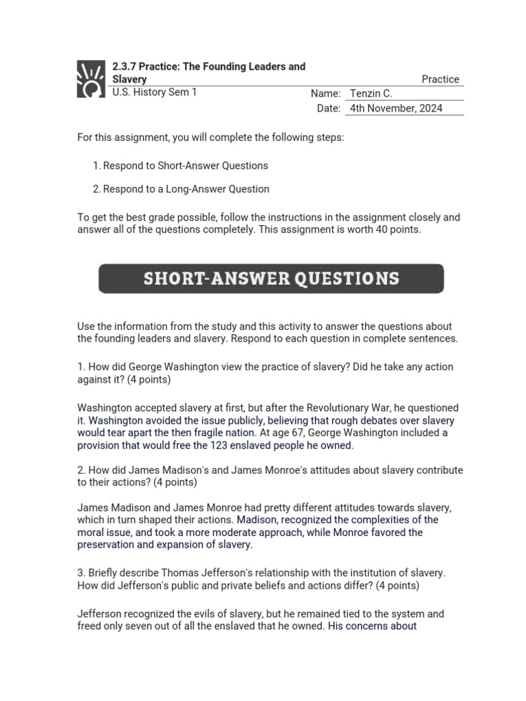 2.3.7 Practice - The Founding Leaders and Slavery (Practice) | PDF ...