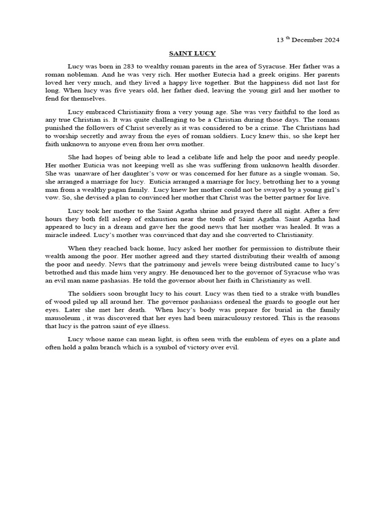 Storry Telling Saint Lucy Santa Lusia | PDF