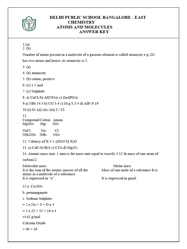 Chemistry Answer Key for Students | PDF