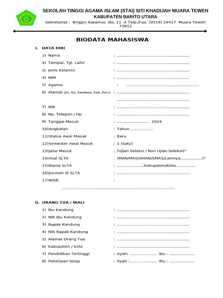 Biodata PMB Stais MTW 2024 | PDF