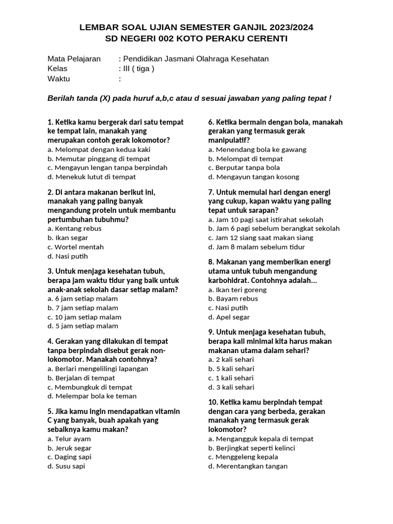 Soal Kls 3 ganjil PJOK | PDF