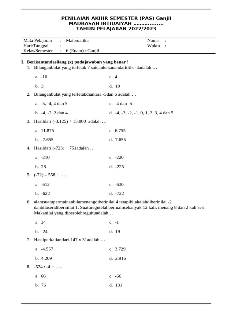 Soal Pas MTK KLS 6 K-13 2021-2022 Fix | PDF