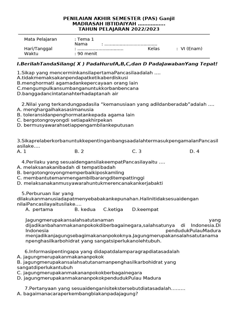 Soal Pas Kelas 6 Tema 1 | PDF