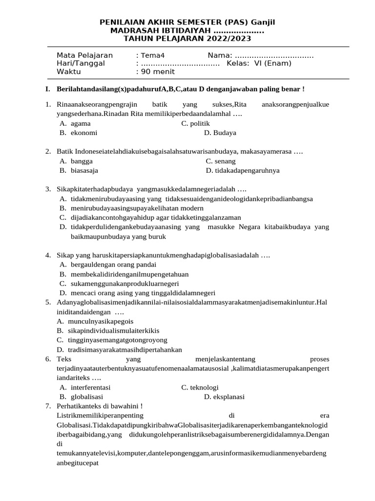 Soal Pas Kelas 6 Tema 4 | PDF