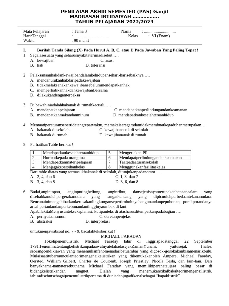 SOAL PAS KELAS 6 TEMA 3 | PDF