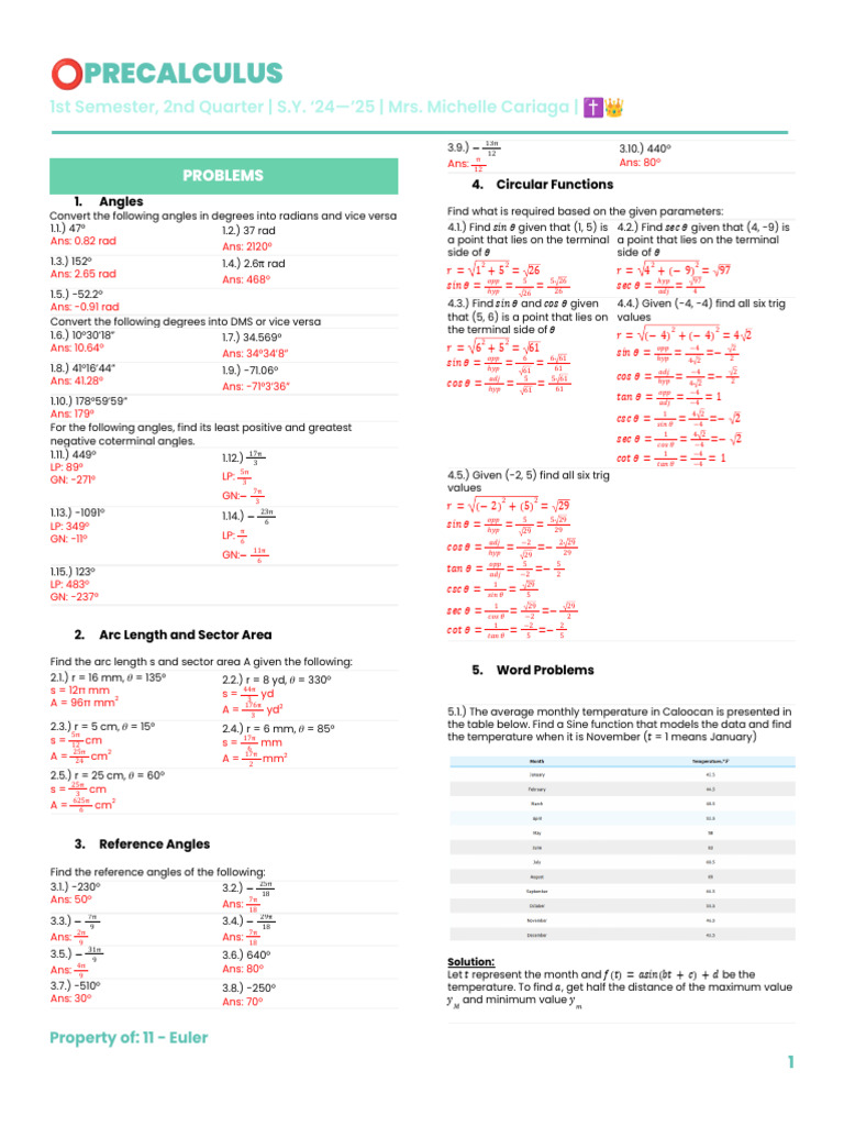 Q2 - PreCalculus PROBS | PDF | Trigonometry | Elementary Geometry