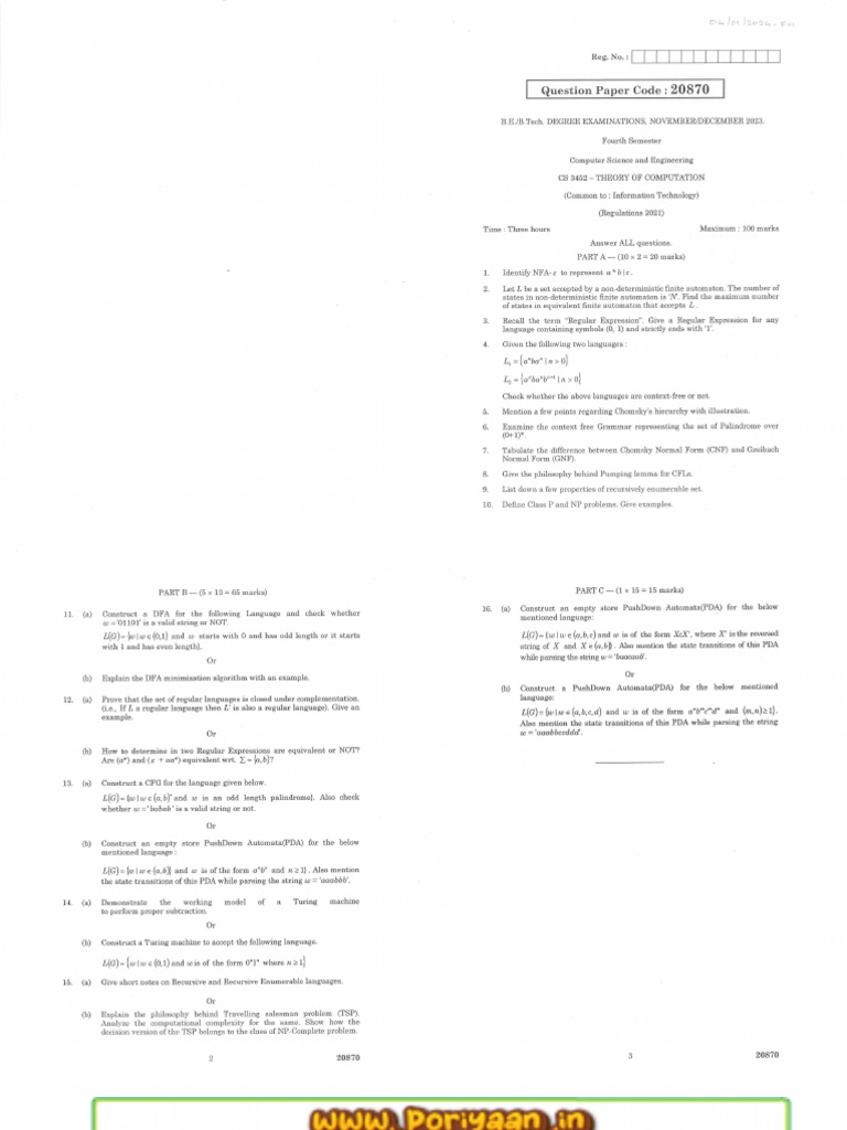 Theory of Computation - CS3452 2021 Regulation - Semester Question Paper 2023 Nov Dec | PDF ...