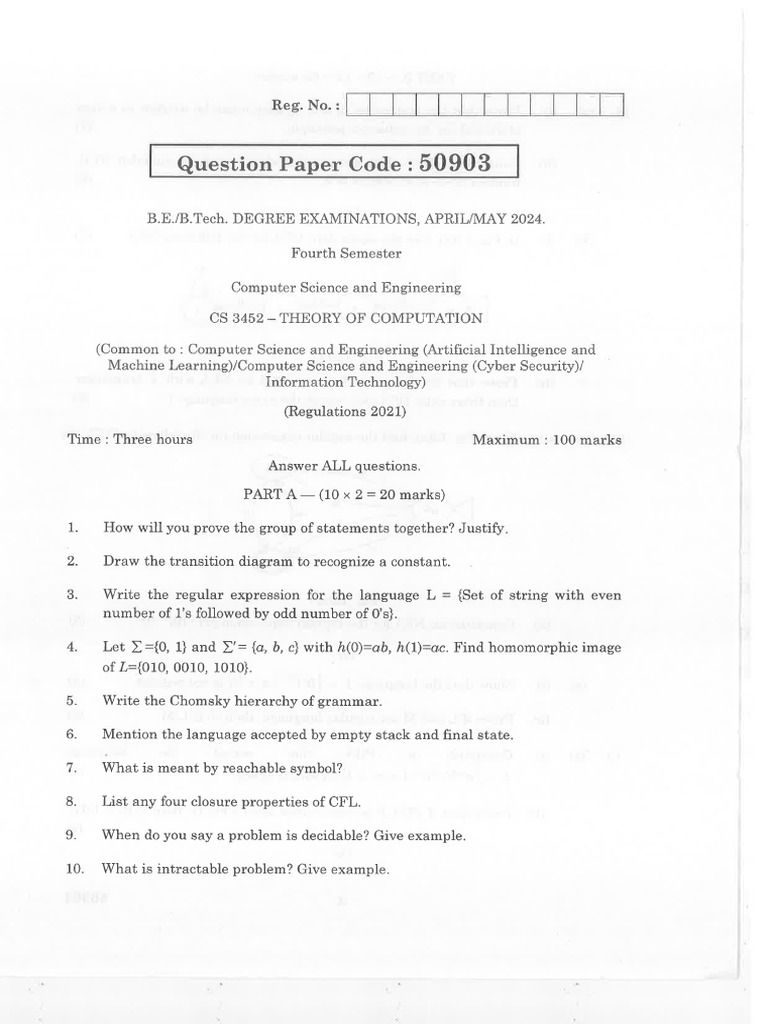 Theory of Computation - CS3452 2021 Regulation - Semester Question ...