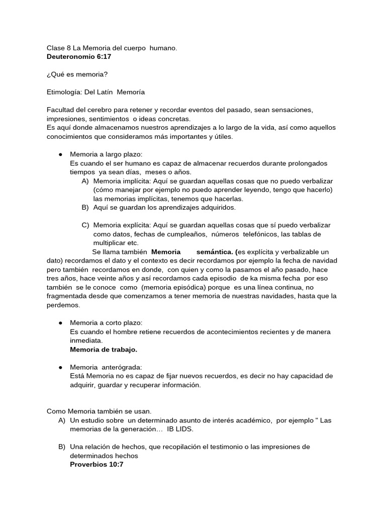 Clase 8 La Memoria Del Cuerpo Humano Pdf Memoria Sicología
