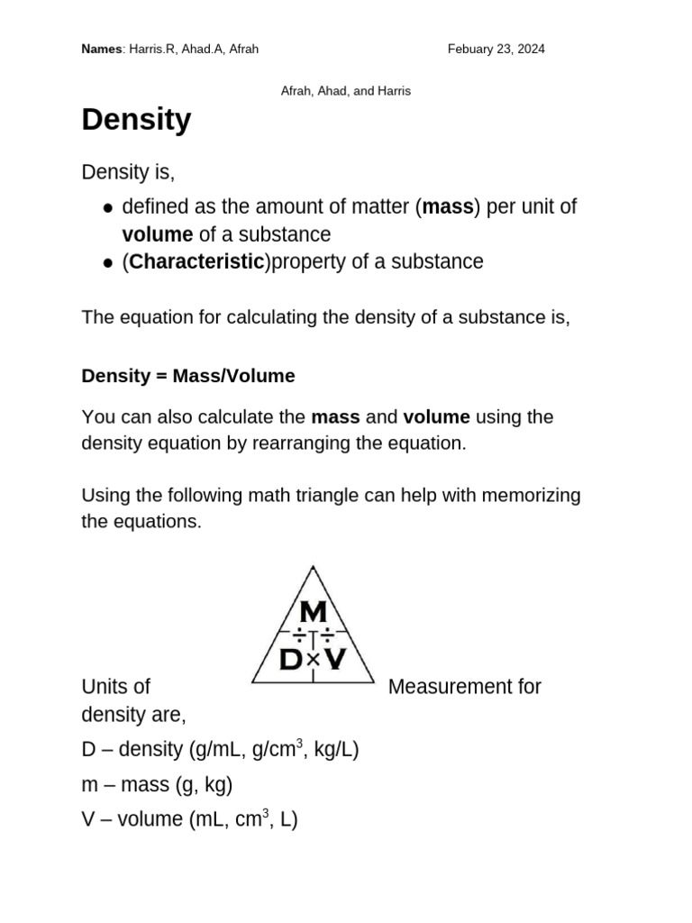 Density Note Blank Handout | PDF