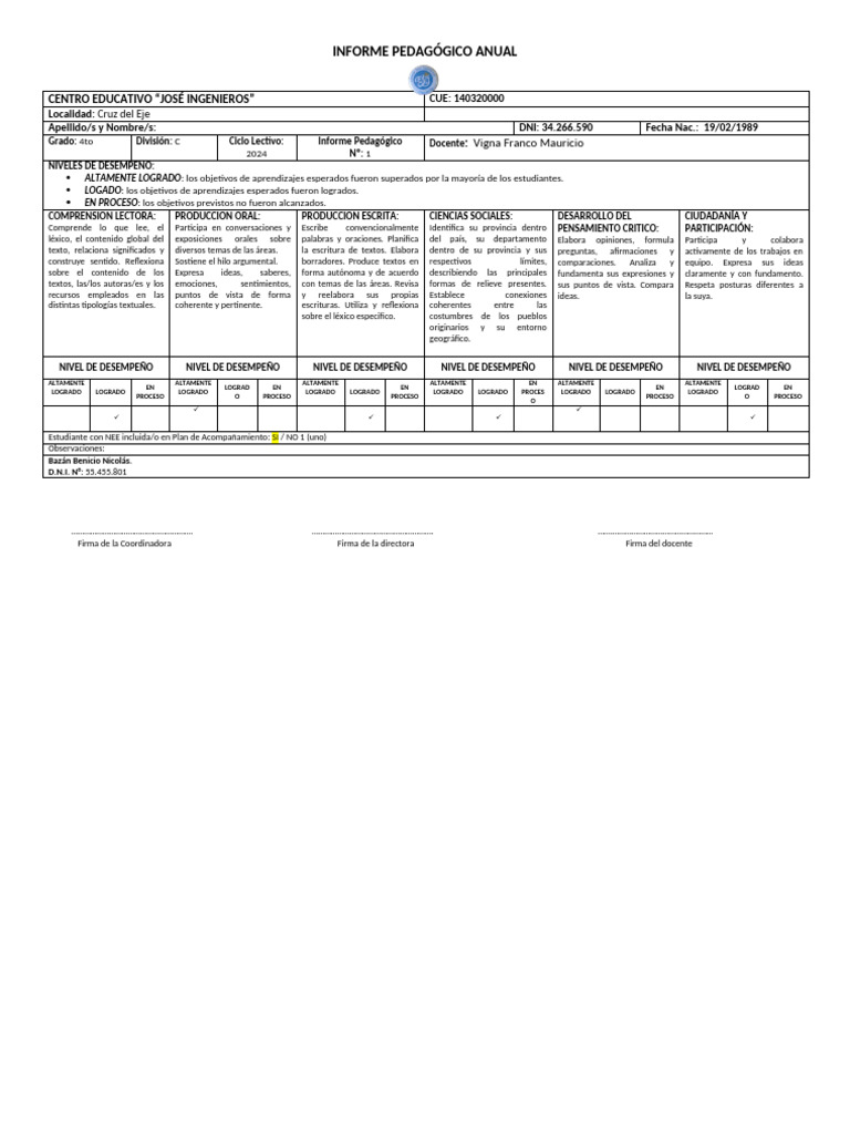 Informe-Pedagógico 4to C. 2024 Franco V. | PDF | Comprensión lectora ...