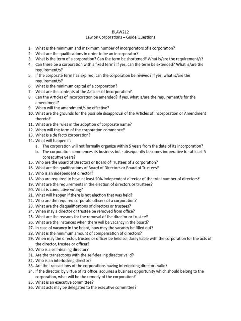 Guide Questions On Corporations | PDF | Investing | Business Law
