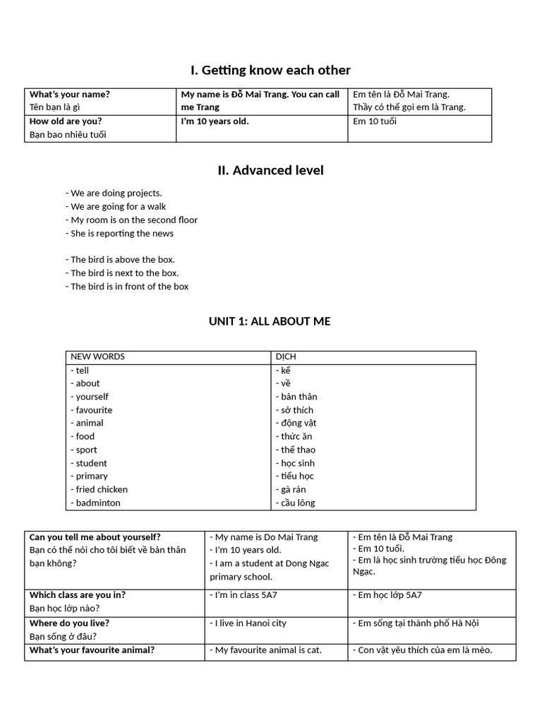 I. Getting Know Each Other: Unit 1: All About Me | PDF
