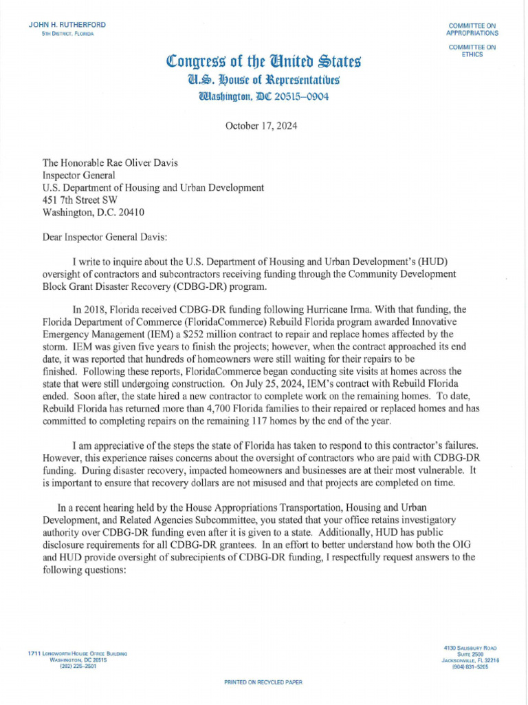 HUD CDBG-DR Oversight Letter Oct 2024 | PDF