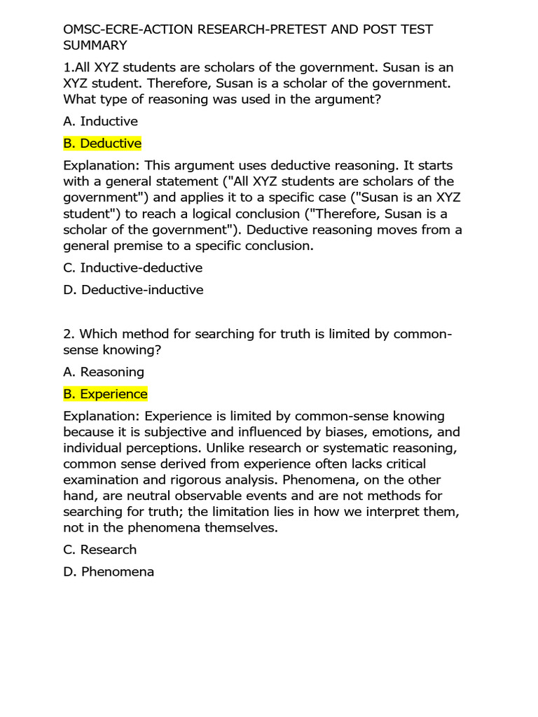 OMSC-ECRE-ACTION-RESEARCH-PRETEST-AND-POST-TEST-SUMMARY | PDF ...