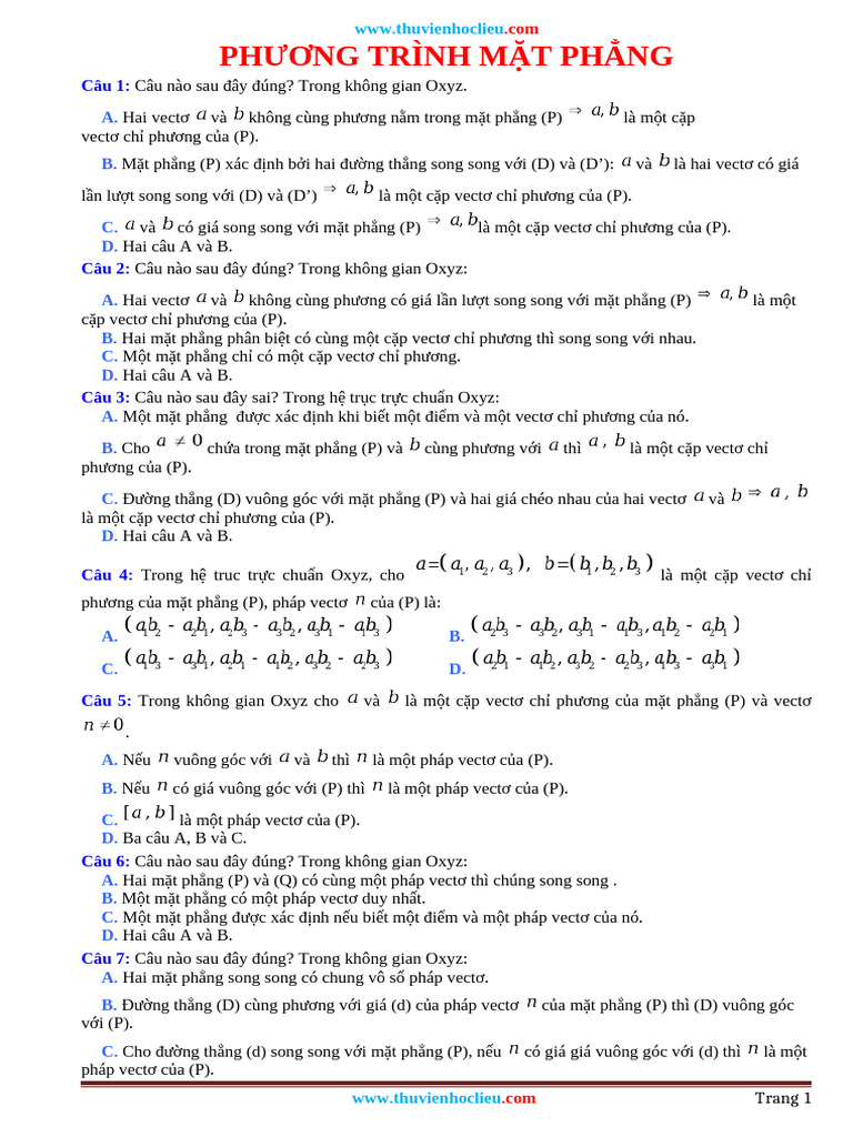 Www.thuvienhoclieu.com 110 Cau Trac Nghiem PHUONG TRINH MAT PHANG Co Dap An | PDF