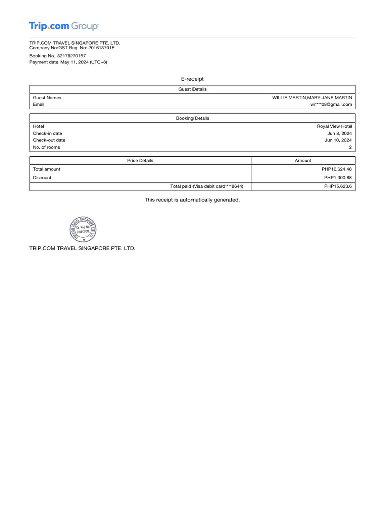 Hotel Booking 32178270157 E-Receipt | PDF