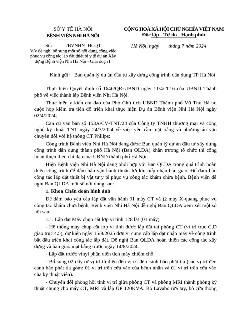CV Gửi CV Gửi Ban QLDA Đề Nghị Hoàn Thiện Để Lắp Đặt Máy - 26.7.2024.Bs Hiền Sửa | PDF