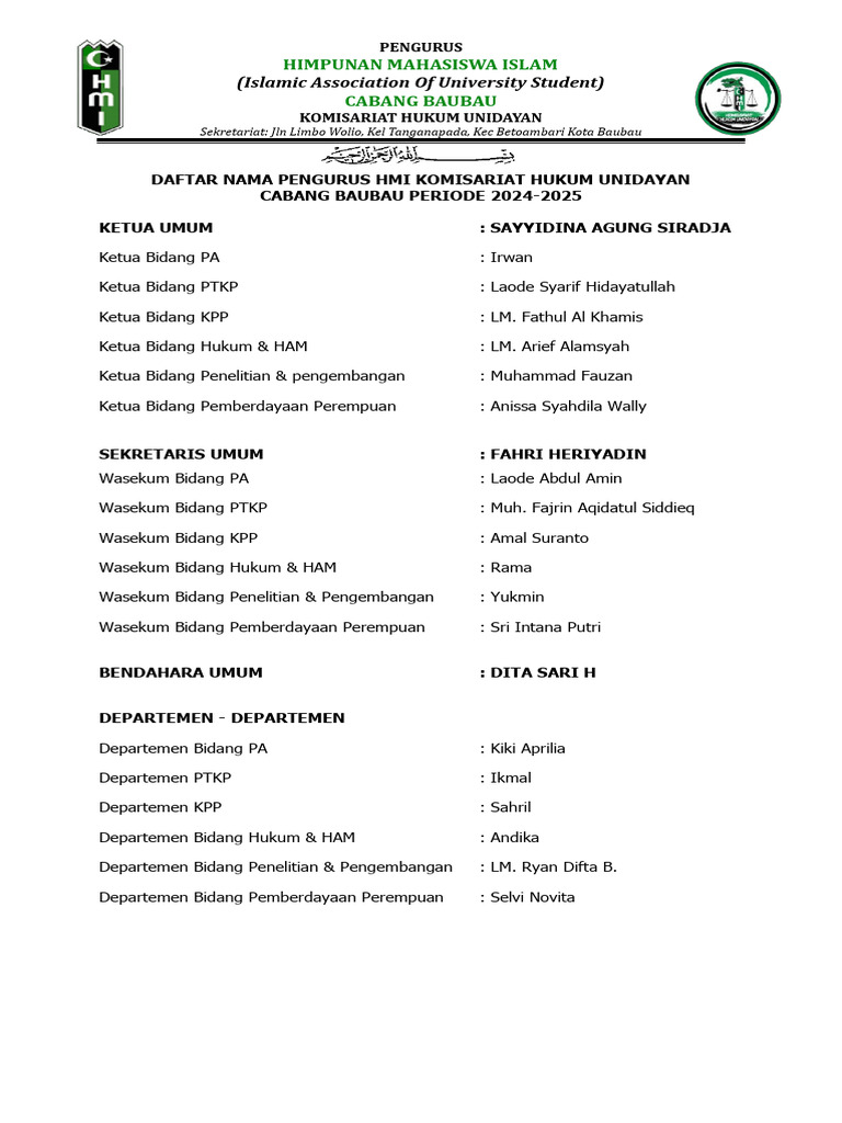 Pengurus HMI Hukum Unidayan 2024-2025 | PDF