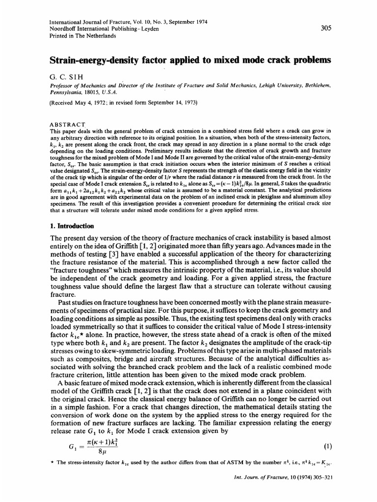 Sih - 1974 - Strain-Energy-Density Factor Applied To Mixed Mode Crack ...