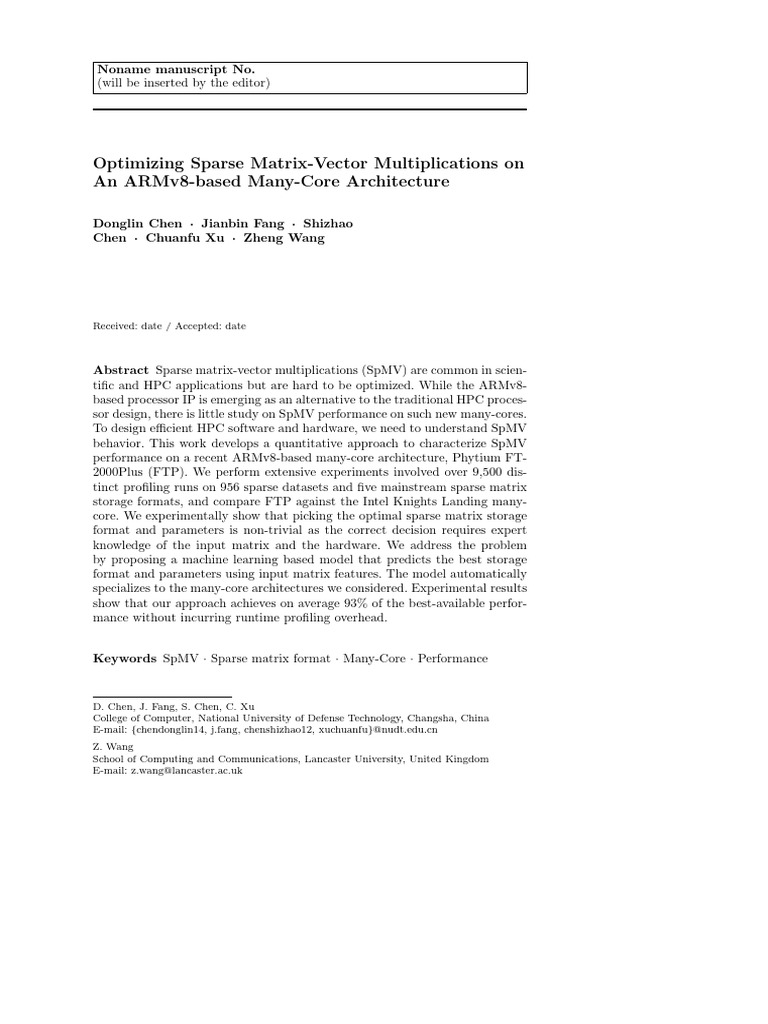 2018 - Optimizing Sparse Matrix-Vector Multiplications on armv8-based many-core architecture ...