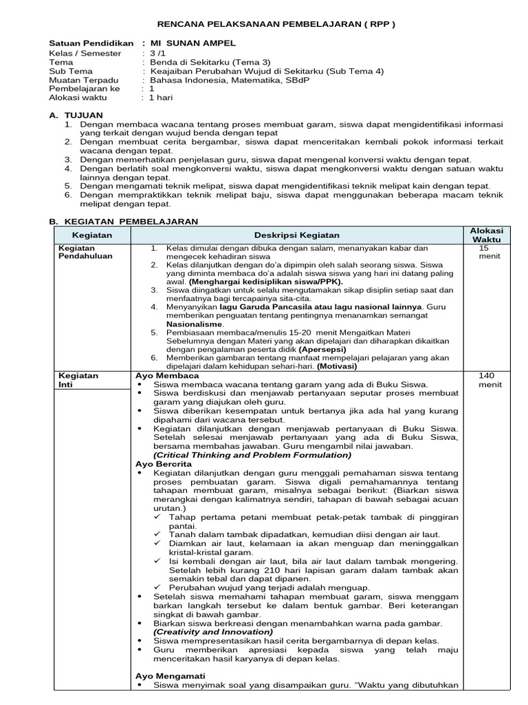 RPP tema 3 sub tema 4 kelas 3 | PDF