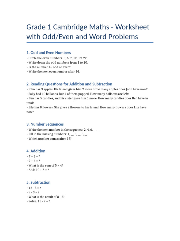 Grade 1 Cambridge Maths Worksheet Odd Even Reading | PDF