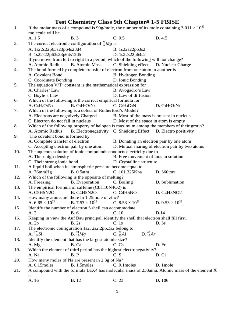 FBISE Class 9 Chemistry MCQs Test | PDF | Chemical Bond | Ionic Bonding