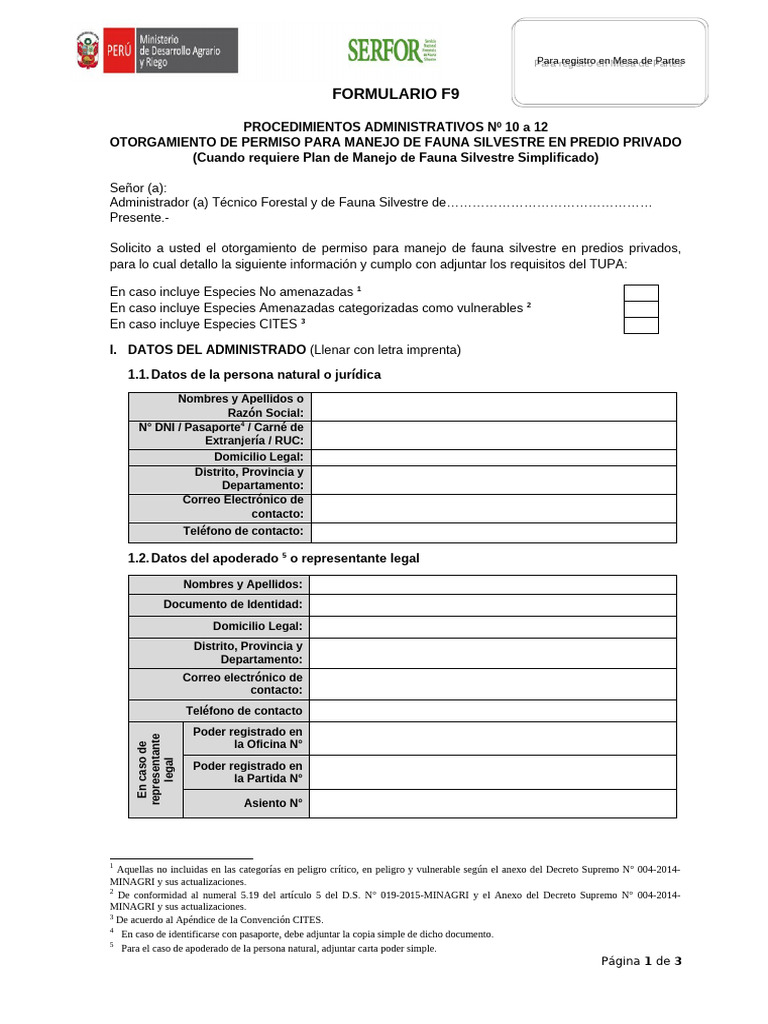 F09 OTORGAMIENTO DE PERMISO PARA MANEJO DE FAUNA SILVESTRE EN PREDIO PRIVADO | PDF | Documento ...