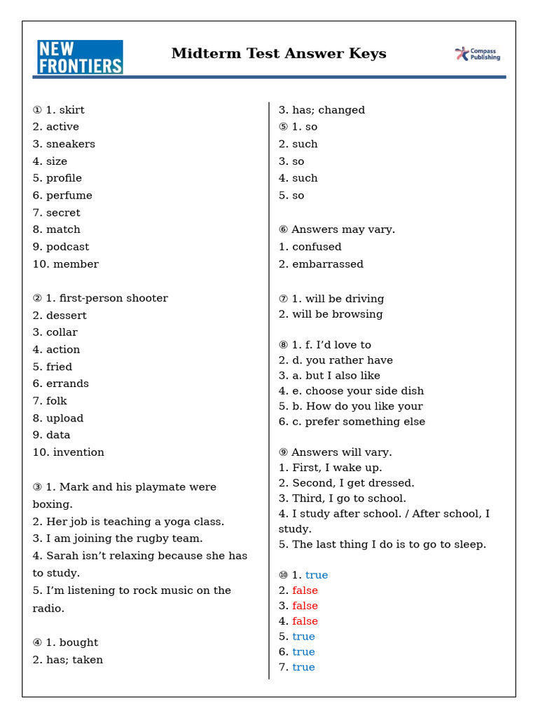 New Frontiers 3 - Midterm Test - Answer Key | PDF