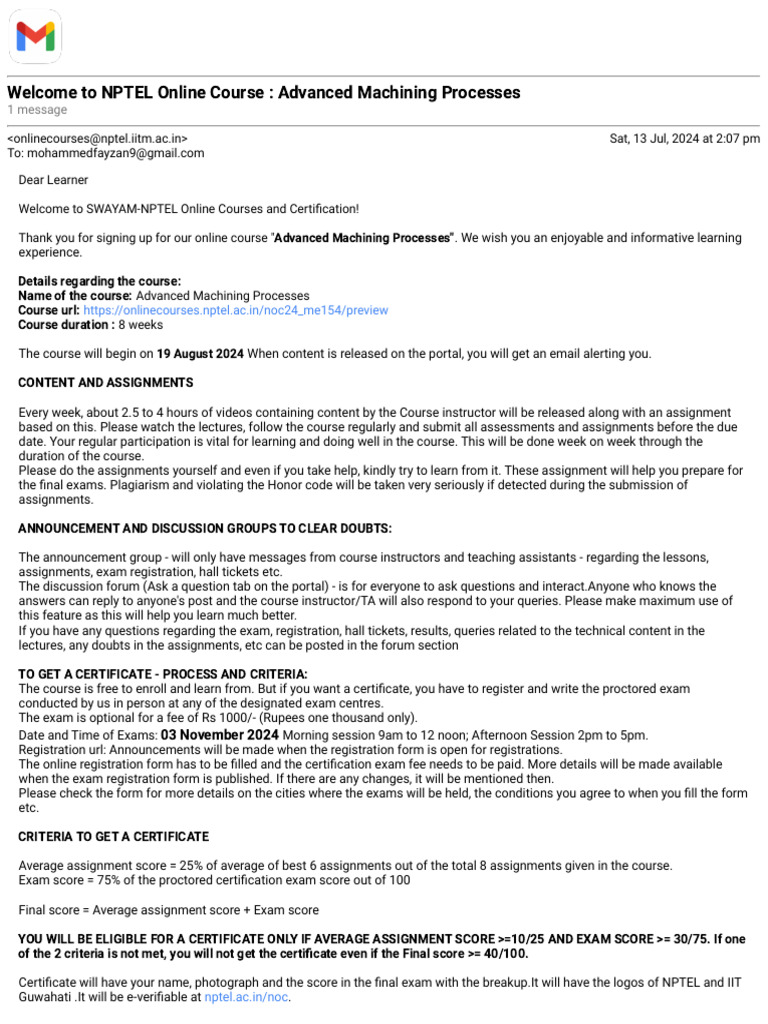 Gmail - Welcome to NPTEL Online Course _ Advanced Machining Processes | PDF | Educational Technology