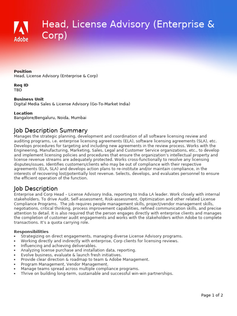 JD - Head, License Advisory (Ent&Corp) | PDF | Leadership | License