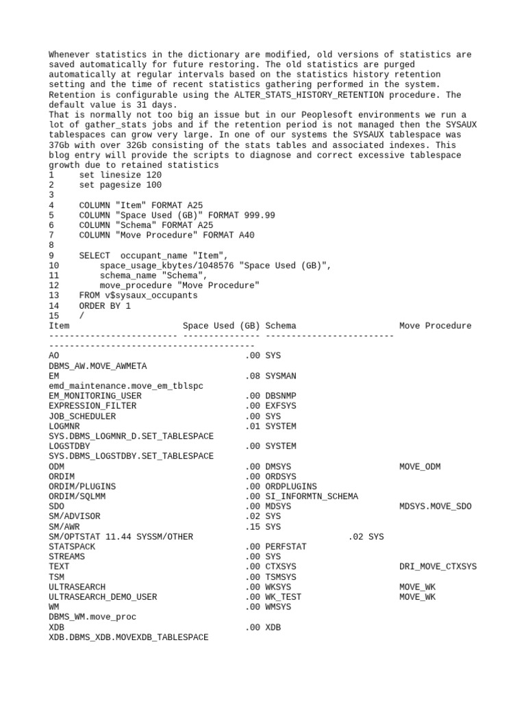 Purging Statistics From The SYSAUX Tablespace | PDF | Data | Computer Science