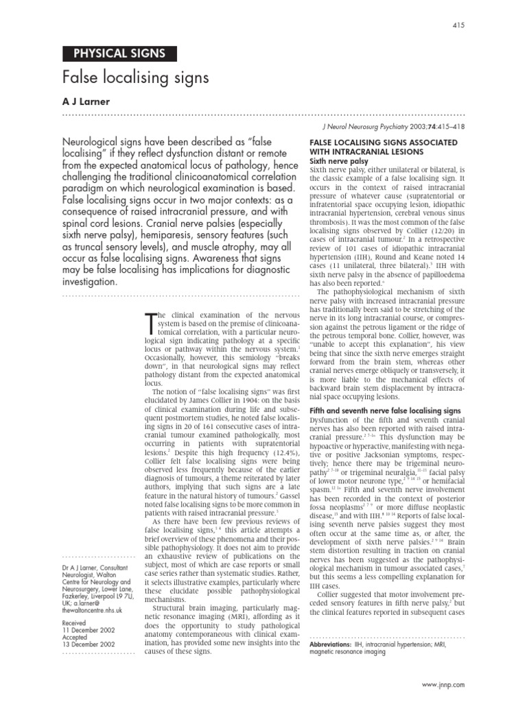 Overview of False Localising Signs | PDF | Neurology | Clinical Medicine