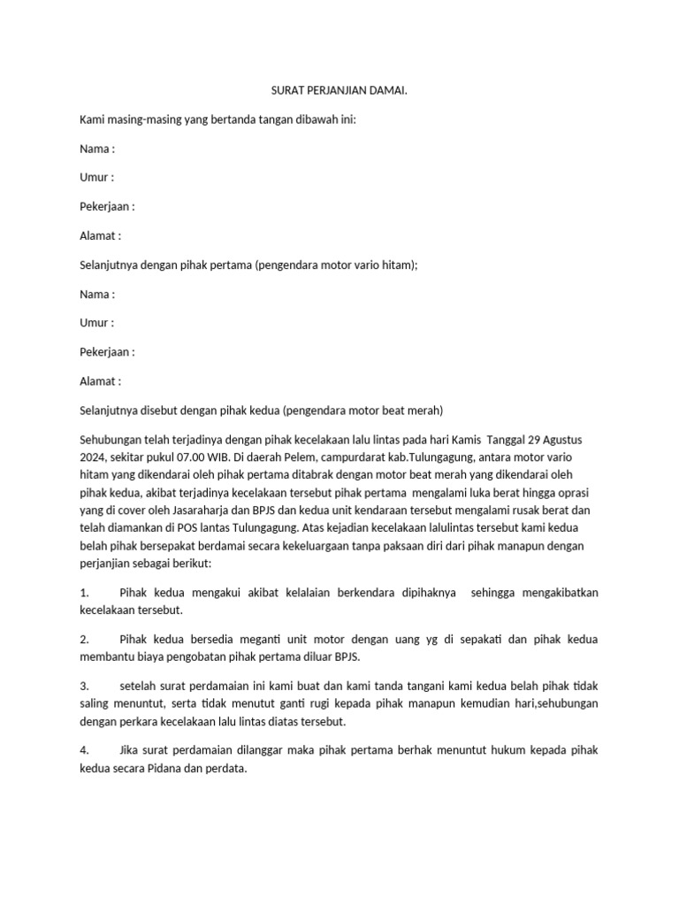 SURAT PERJANJIAN DAMAI | PDF