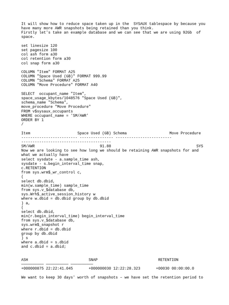 Reduce SYSAUX Tablespace Usage | PDF | Databases | Data Management Software