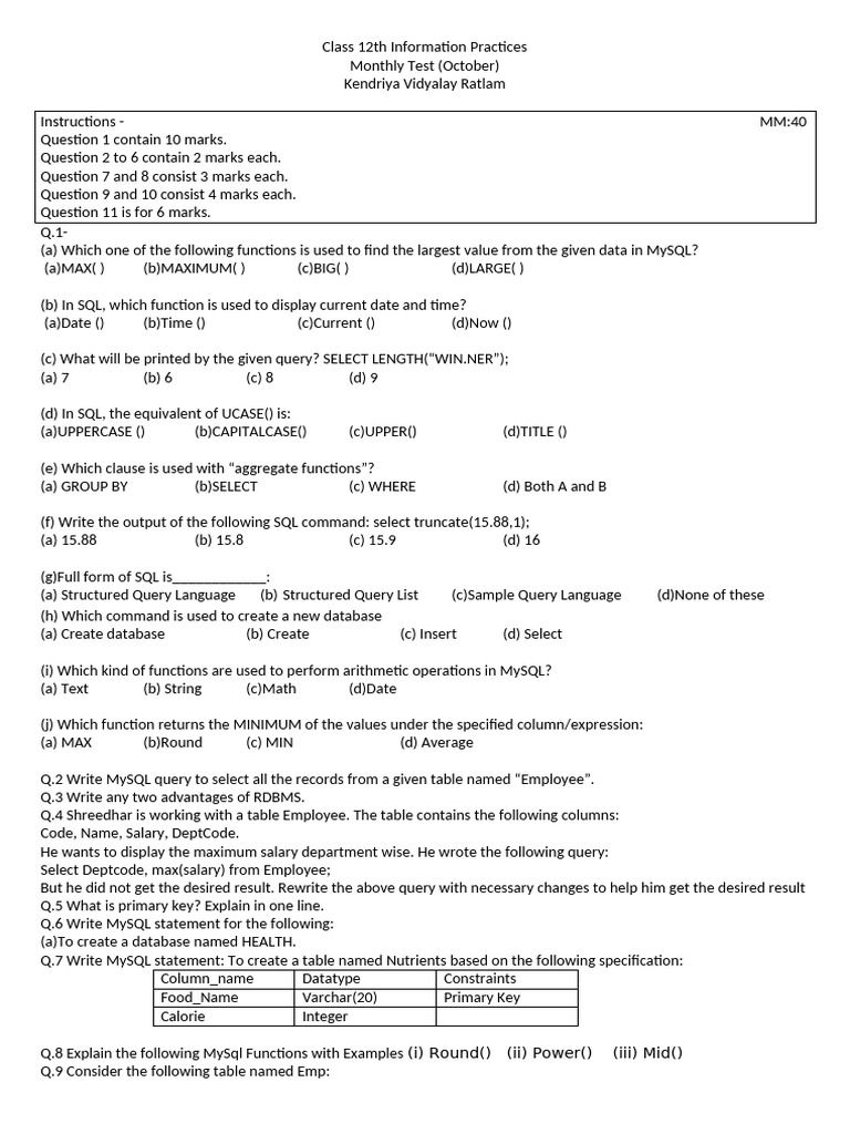 Class 12th Mock Paper | PDF | Relational Database | Information Technology Management