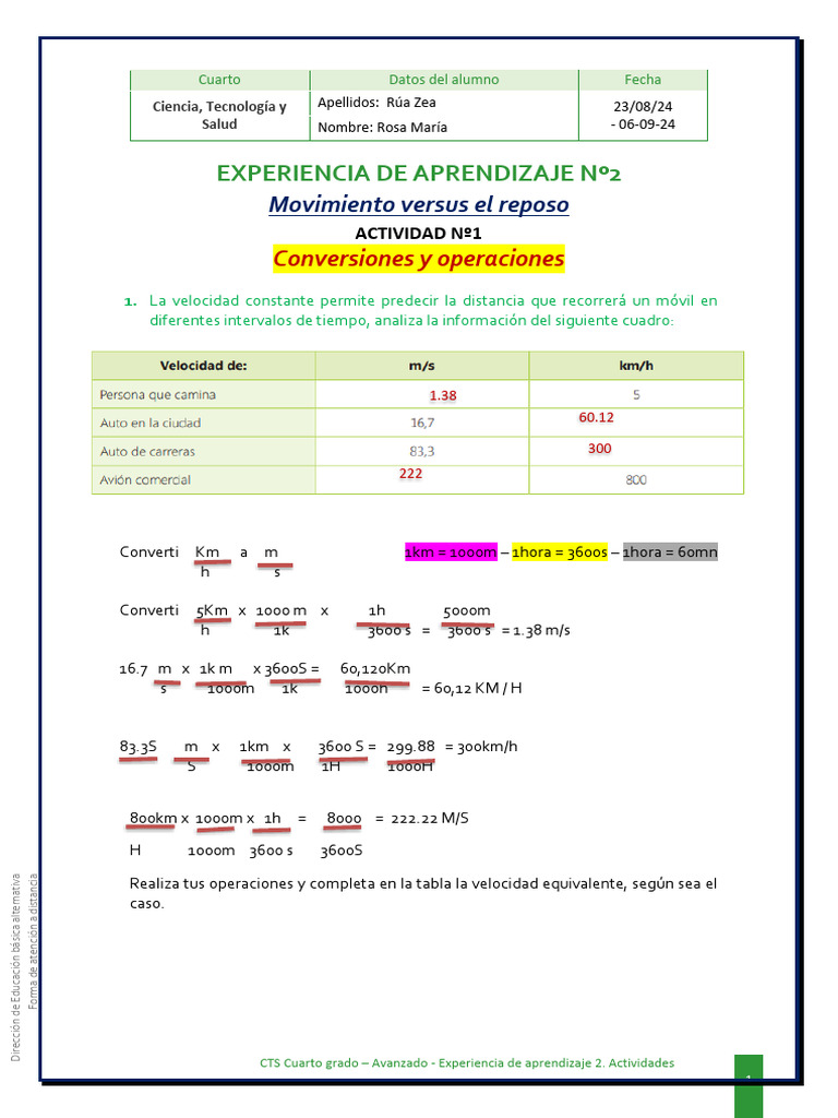 Actividades de Movimiento y Velocidad en CTS | PDF | Velocidad | Movimiento (física)