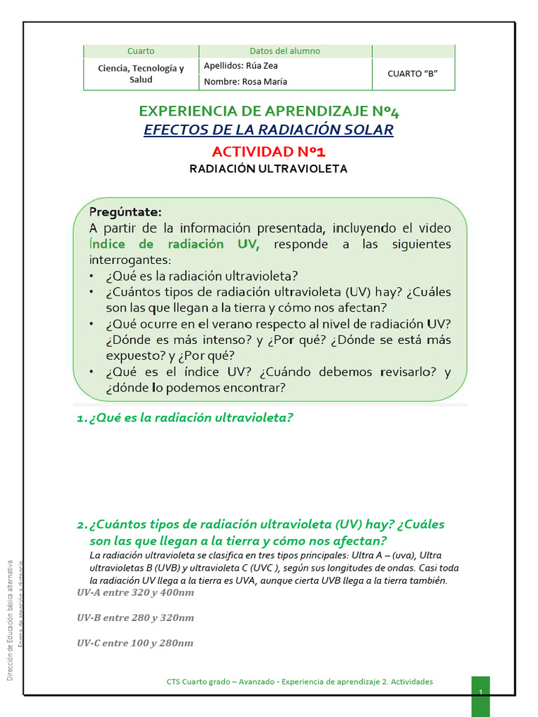 Exp 4 - Actividad 1 Radiación Ultravioleta | PDF | Ultravioleta ...