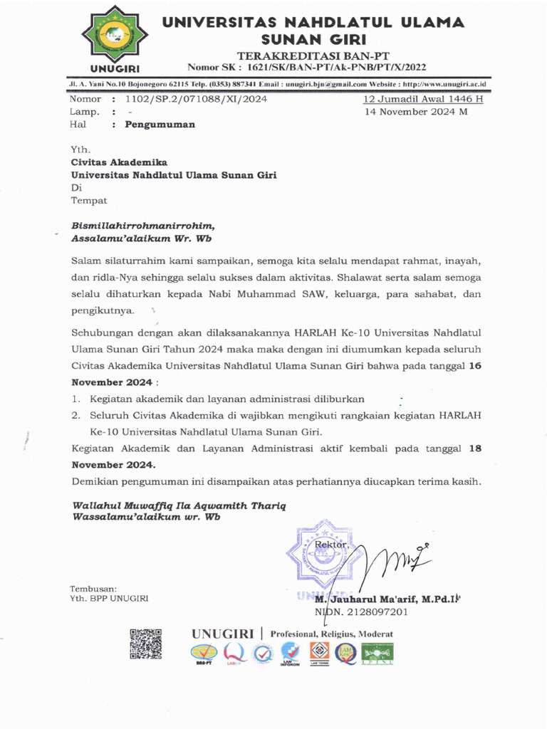 1102 Pengumuman Libur Layanan Saat HARLAH | PDF