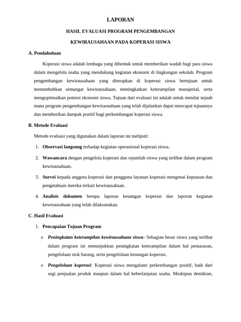 Laporan Hasil Evaluasi Program Pengembangan Kewirausahaan Pada Koperasi Siswa | PDF